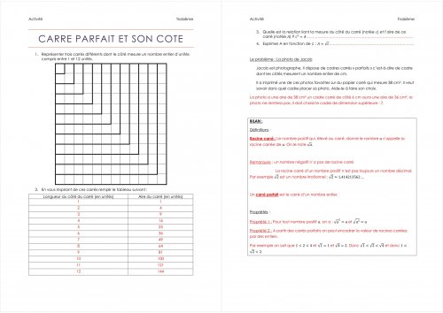 Activité / Cours : Racine carrée et carré parfait - COLLEGE ANTOINE MEILLET